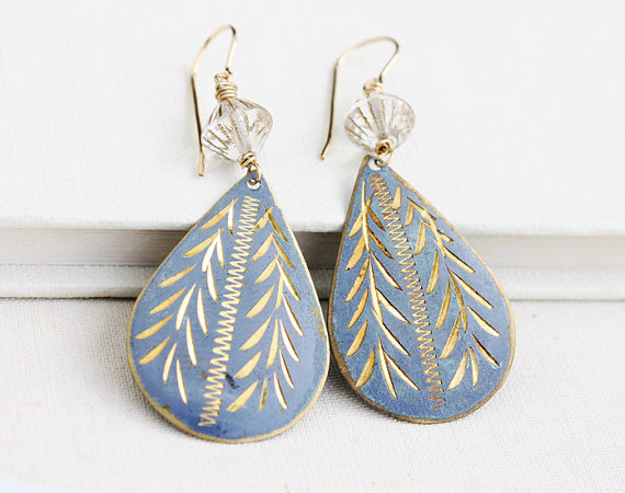 Tribal Blue Earrings, Vintage Indian Teardrop , Boho Global, Gold ...